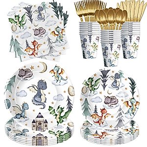 Suhelkit Dragon Birthday Party Supplies - Dragons Party Decorations Tableware, Paper Plate, Napkin, Cup, Cutlery, Magical Dragon Birthday Decorations, Dragon Baby Shower Table Decorations | 24 Guests
