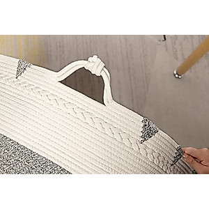 Decospark XXXL Cotton Rope Basket For Toy And Blanket Storage| 21.7" x 13.8" | Soft Long Handles | Decorative Home Organizer Ideal For Living Room, Baby Clothes And Laundry (Grey and White)