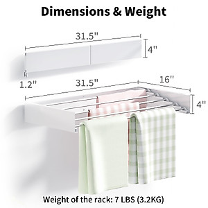 QIICMER Drying Rack Clothing，Wall Mounted Drying Rack，Collapsible Drying Racks for Laundry，Retractable Clothes Drying Rack， Laundry Space Saver Wall Mounted Rack，60 lb Capacity(White 31.5")
