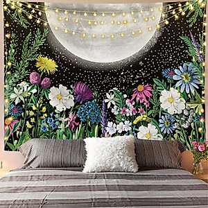 mchatte Moonlit Garden Tapestry Moon Tapestry for Bedroom Full Moon Surrounded By Plants and Flowers Black Room Decor Aesthetic Floral Moon Wall Tapestry for Teenager's Home Decor (82.7x59 Inches)