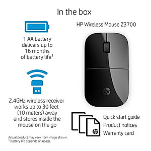 HP Wireless Mouse Z3700 (26V63AA#ABL, Black), Dimensions (mm) : 101 x 60 x 25.3