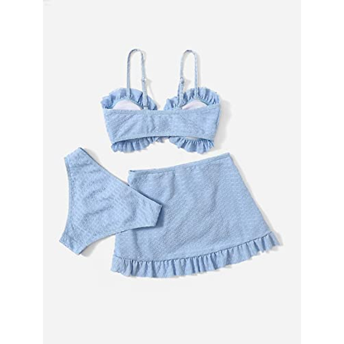 COZYEASE Girls' 3 Pcs Set Tie Front Ruffle Trim Bikini Swimsuit with Beach Skirt Cute Frill Wrap Swimsuit Light Blue 11-12Y
