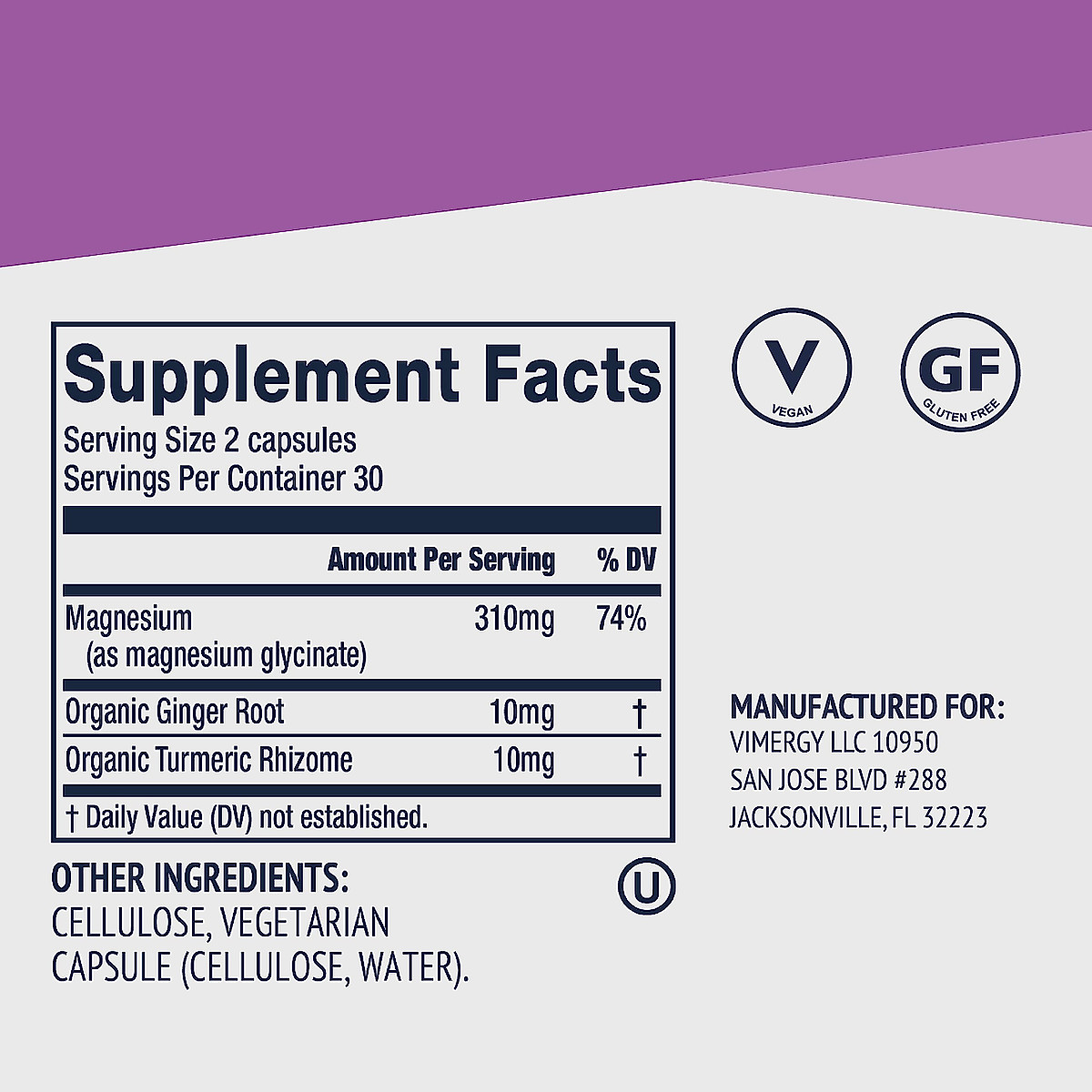 Vimergy Magnesium Glycinate, Trial Size - 30 Servings – with Turmeric & Ginger - Promotes Relaxation & Sleep – Supports Bone, Muscle & Heart Health - Gluten-Free, Kosher, Vegan & Paleo (60ct)