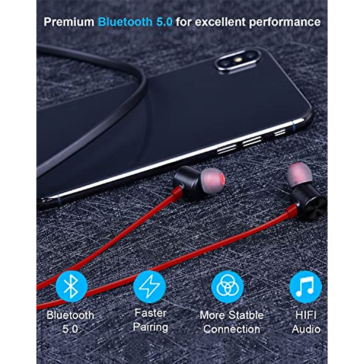NANAMI Bluetooth Earbuds, 5.0 Bluetooth Wireless Headphones, IPX7 Waterproof, in-Ear Earphones with Mic, Noise Cancelling Headsets, Magnetic Neckband, 15 Hours Playtime for Gym, Sports (Red with Red)