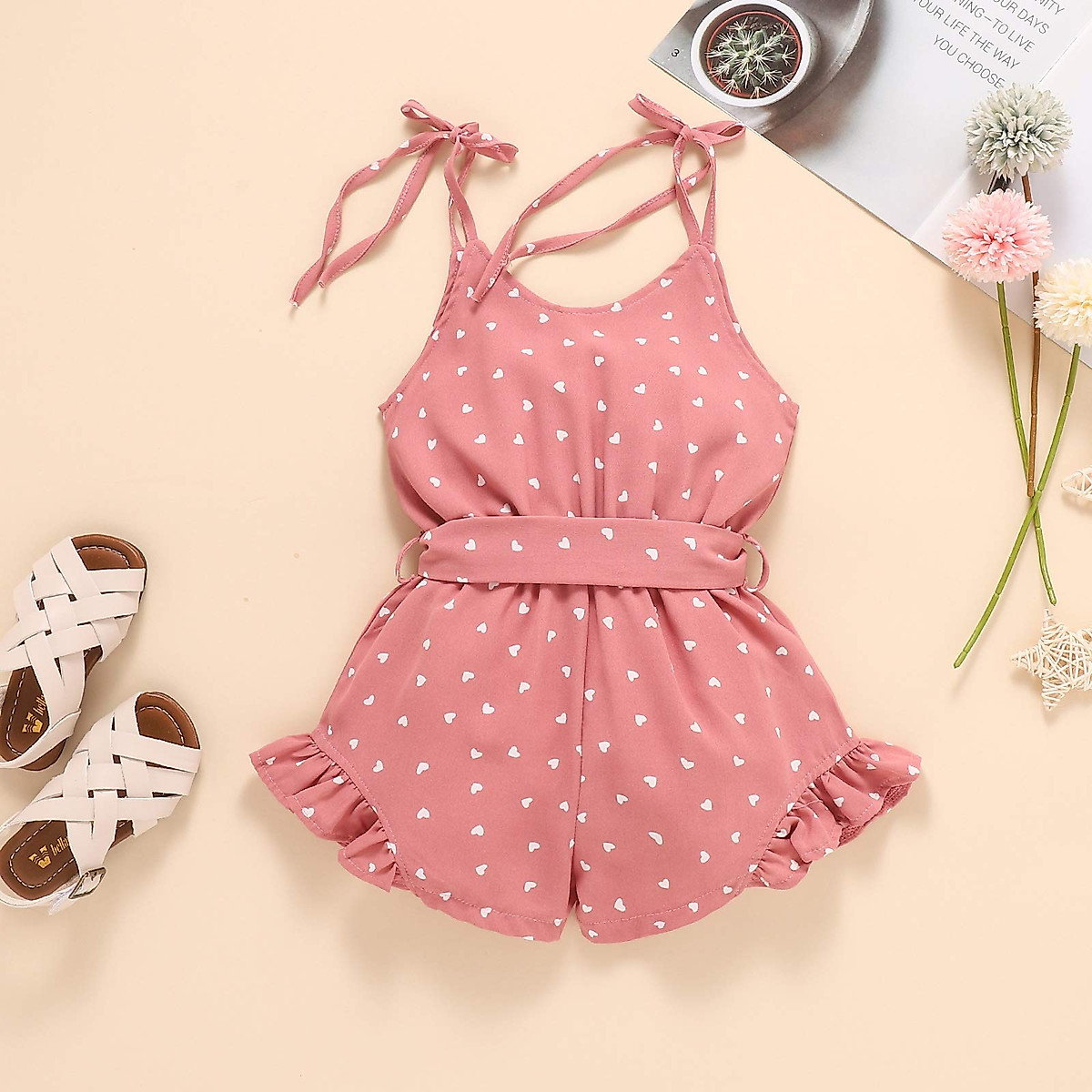 Tikoubabe Toddler Girl Clothes Baby Summer Cute Halter Romper V-Neck Outfits Love Heart Bow Knot Light Red 2T-3T 100CM