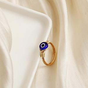 ASCOMY Delicate Evil Eye Ring for Women 14K Gold Plated Handmade Dark Blue Evil Eye Rings Stackable Turkish Faith Protection Wrapped Ring Everyday Jewelry Gifts Size 9