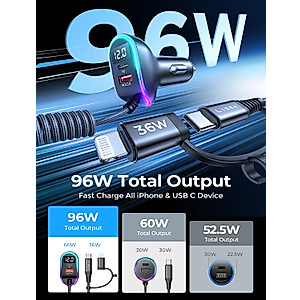 [Apple Safe Certified] USB C Car Charger Adapter LISEN 96W Cigarette Lighter USB Charger Fast Charging for iPhone Car Charger with 2-in-1 PD36W Car Charger for iPhone 15 Pro Max Plus Samsung iPad