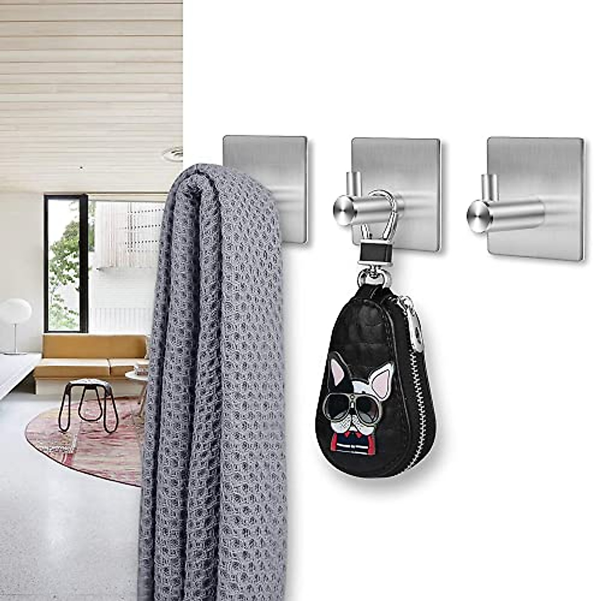 Lgowithyou Adhesive Hooks, Modern Matte Heavy Duty Waterproof Towel Hooks- 304 Stainless Steel Hooks for Hanging Coat, Hat, Robe, Stick on Wall Hooks for Bathroom & Kitchen- 4 Packs (Sliver)