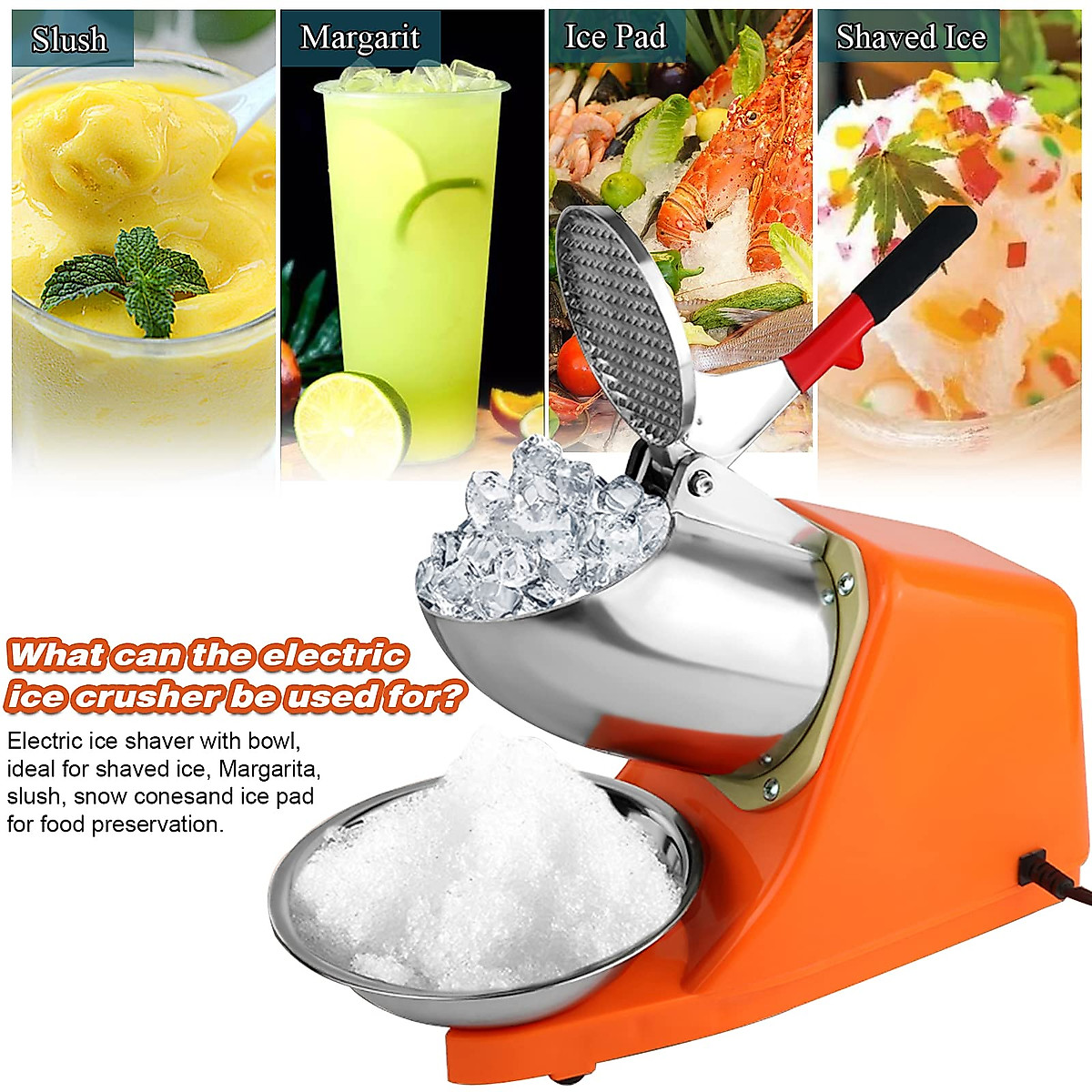 Electric Ice Crusher with Dual Blades,300W Electric Ice Shaver Machine (176lbs/80kg Per Hour,2200rpm) with Cover and Bowl 110V Electric Snow Cone Maker for Shaved Ice,Margaritas,Home Commercial Use