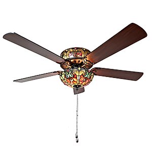 RIVER OF GOODS 52 Inch LED Stained Glass Ceiling Fan - Double-Lit Ceiling Fans with Lights - Unique Lighting & Ceiling Fans - Charming Antique Ceiling Fan Light Fixture - Halston - Spice