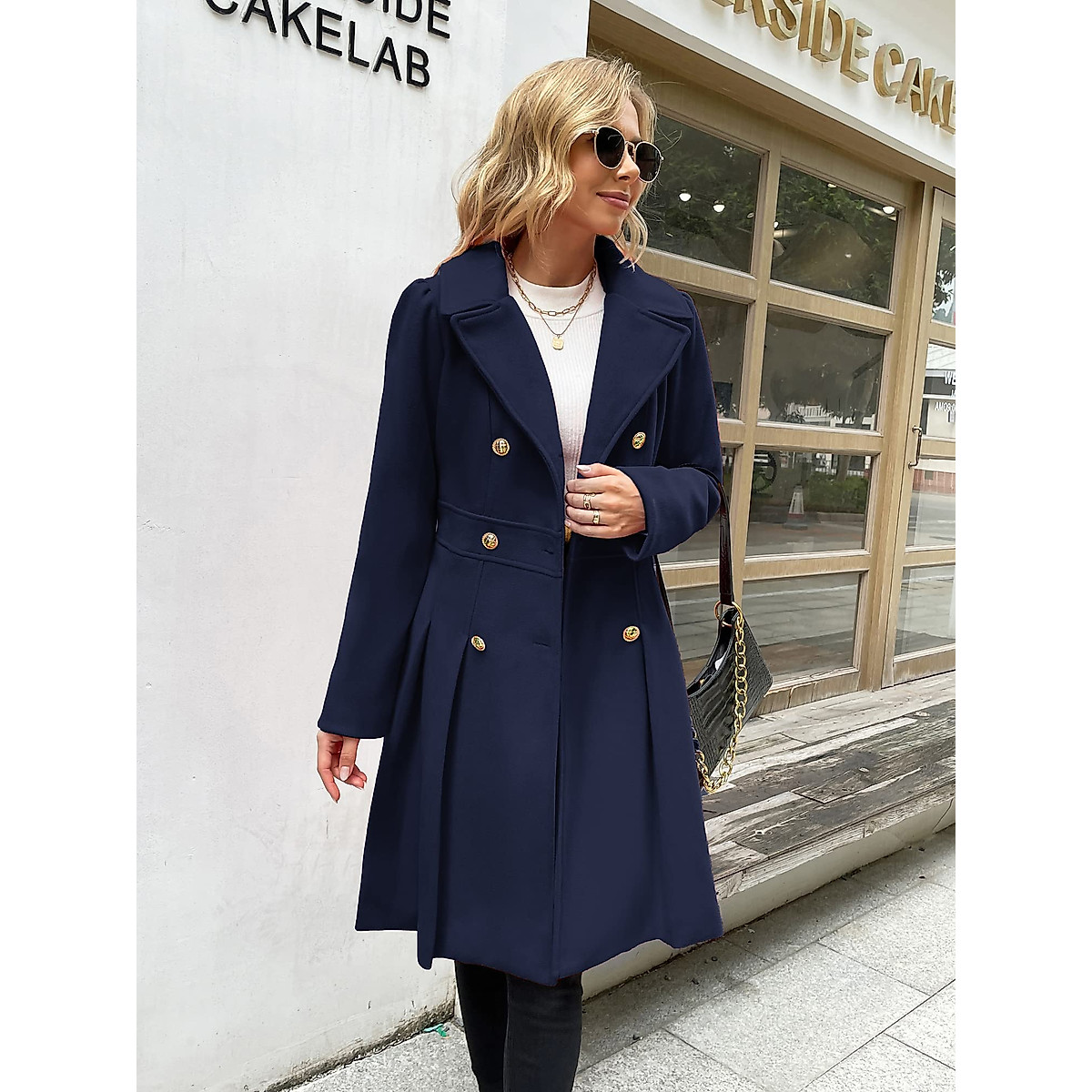 GRACE KARIN Women Swing Double Breasted Pea Coat Autumn Lapel Dress Outwear Dark Blue S