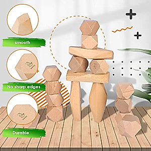 OATHX Montessori Toys Stacking Rocks Wooden Blocks Building Preschool Balancing Stones for Toddlers 1-3 Girls Boys Sensory Natural Wood 20pcs Large Size