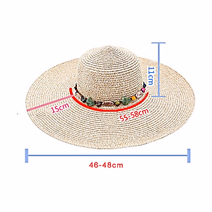 Women's Wide Brim Sun Protection Straw Hat,Folable Floppy Hat,Summer UV Protection Beach Cap (Chain-Beige)