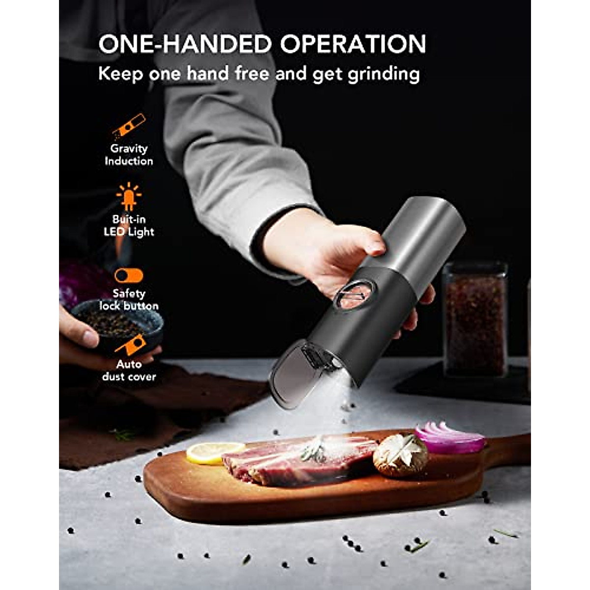 Gravity Electric Salt and Pepper Grinder Set, 𝐔𝐩𝐠𝐫𝐚𝐝𝐞𝐝 Large Capacity, USB Rechargeable Automatic One Hand Operated, Adjustable Coarseness, Auto Dust Lid, LED Light, Stain Steel Grey, 2 Mills