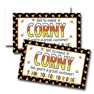 Funny Candy Corn Halloween Treat Themed Thank You Customer Appreciation Package Inserts for Small Businesses, 100 2" X 3.5” Single Sided Insert Cards by AmandaCreation