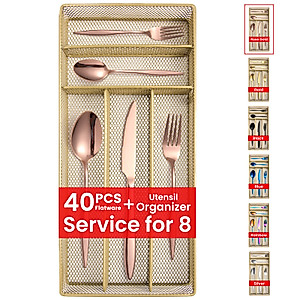 40 PCS Rose Gold Silverware with Organizer, Stainless Steel Flatware Set for 8,Utensil Cutlery for Home Kitchen Restaurant Hotel, Mirror Polished Tableware, Include Spoons Forks Knifes