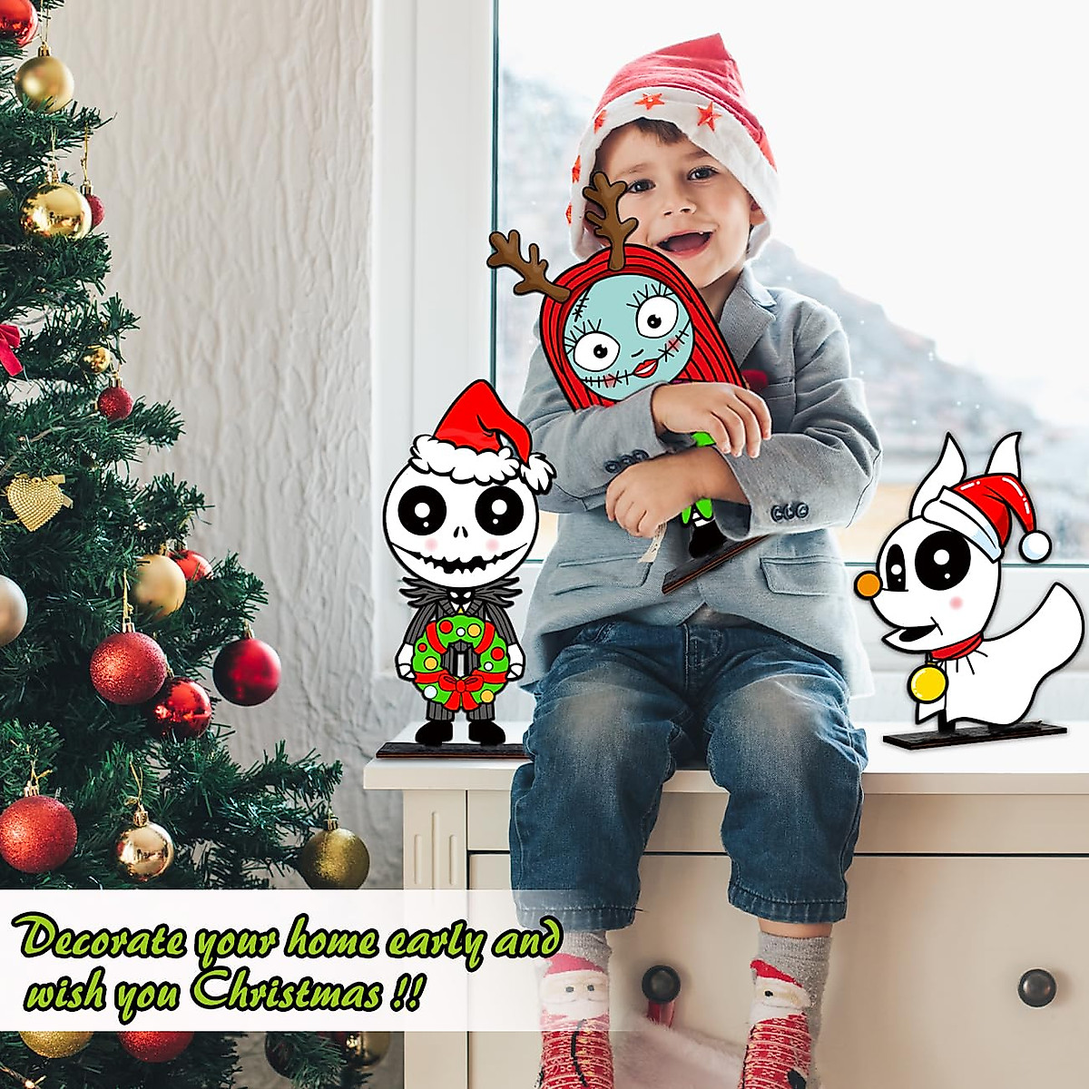 Christmas Table Decorations Nightmore Christmas Wooden Sign Jack Skellington and Sally Table Centerpieces for Home Holiday Party 4PCS