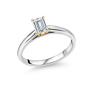 925 Sterling Silver and 10K Yellow Gold Forever Classic Moissanite from Charles & Colvard Women Solitaire Ring (0.58 Cttw, Emerald Cut 6X4MM, Available in size 5, 6, 7, 8, 9)