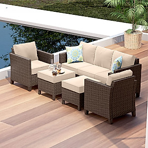 Nestl Patio Furniture Set - Outdoor Patio Furniture Sets, Patio Sectional Furniture Set, 5 Piece Patio Furniture Sets, Patio Conversation Sets, Brown Wicker Patio Furniture Sets with Beige Cushions
