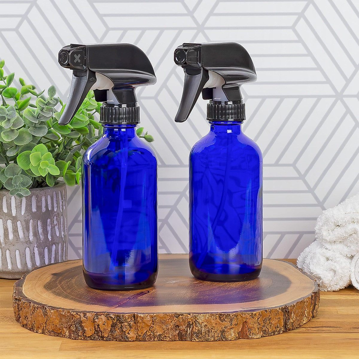 Cornucopia 8-Ounce Cobalt Blue Glass Boston Round Spray Bottles (2 Pack) 3-Setting Heavy Duty Sprayers, Empty Refillable Bottle for Essential Oil Blends, DIY Cleaning & More