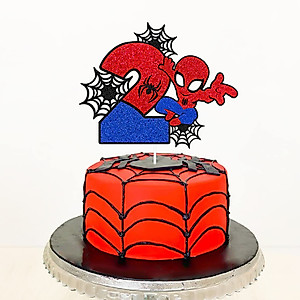 Spider 2nd Cake Topper Spider Cartoon Movie Themed Happy 2s Birthday Cake Decorations for Boys Girls Children Kids Men Women Two Bday Party Supplies Double Sided Glitter Black Décor