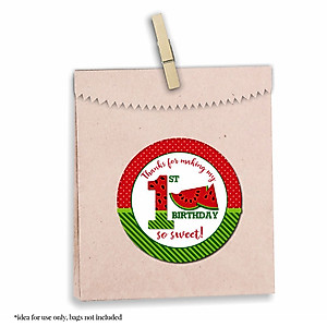 Red Watermelon 1st Birthday Party Thank You Sticker Labels, 40 2" Party Circle Stickers by AmandaCreation, Great for Party Favors, Envelope Seals & Goodie Bags