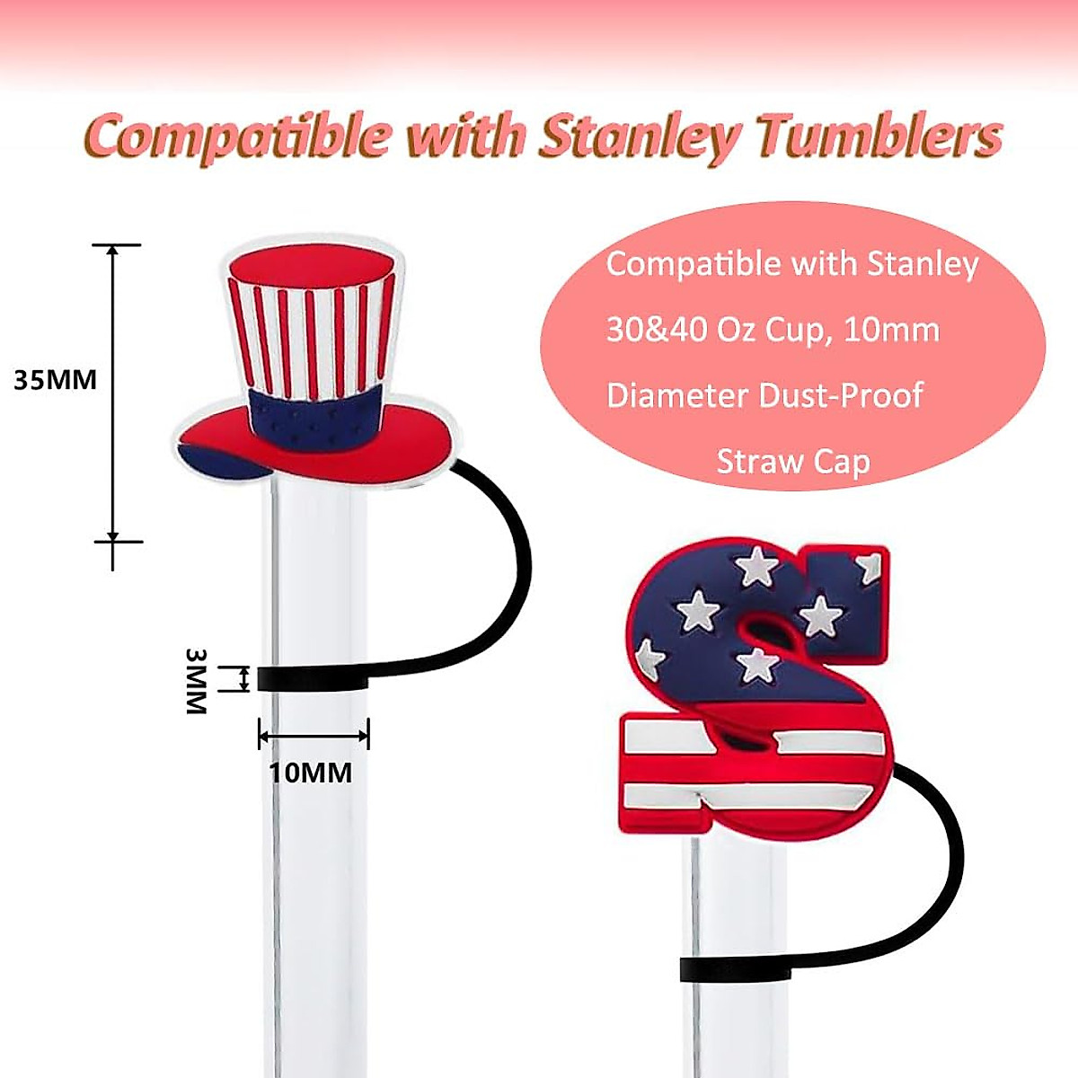 9Pcs Flag Day Straw Caps Cover Cap Topper Dust-Proof for Stanley Cup 10mm/ 0.4in, for Drinking Straw Cap Stanley Cup Accessories, Cute Silicone Tips Lids Dust-Proof for Water Bottle