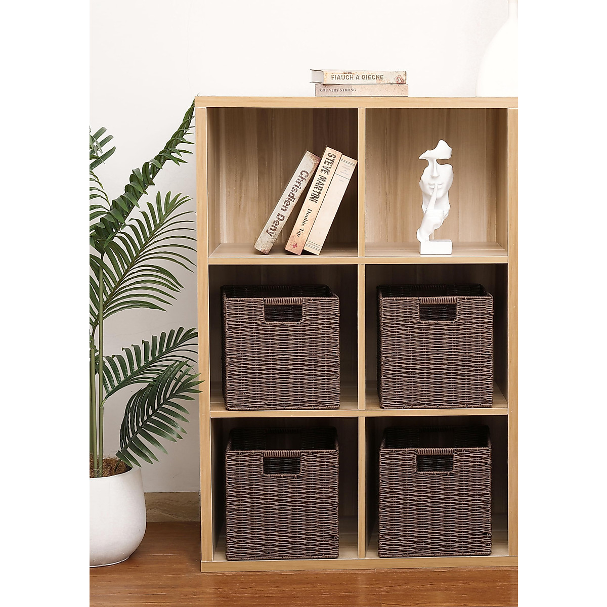 Brown Wicker Storage Basket, 10.5x10.5 Cube Woven Wicker Storage Basket for Shelves, Set of 3 Square Baskets for Shelf, Storage Cube Bins, Wicker Cube Baskets Foldable