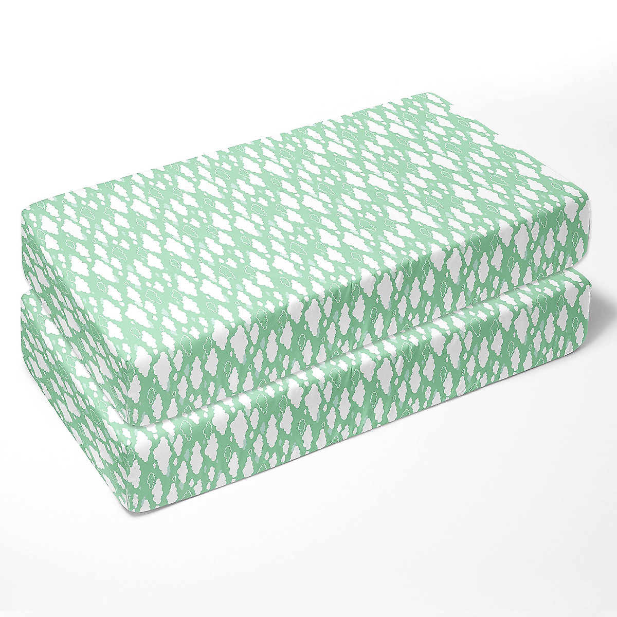 Bacati Clouds in The City Mint Clouds 2 Pack 100% Cotton Universal Baby US Standard Crib or Toddler Bed Fitted Sheets, White/Mint