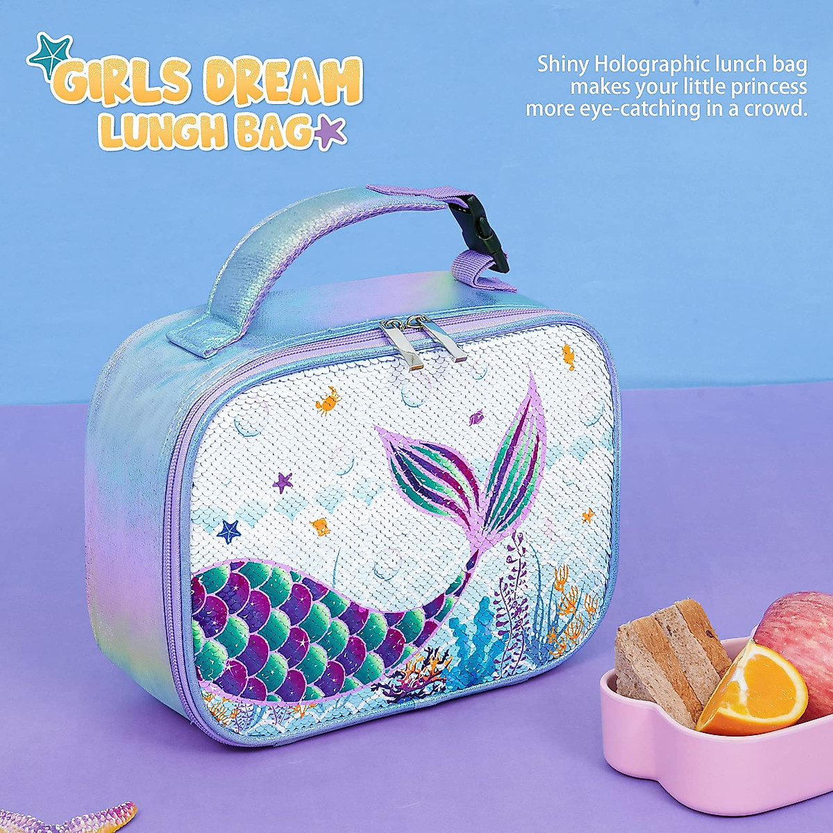 Sequins Mermaid Lunch Box- Insulated Bento Lunch Box for Kids Girls Lunch Bag School Preschool Picnic Camping Blue Polyester Lunch Tote Bag with Handle and Pocket Waterproof Reusable