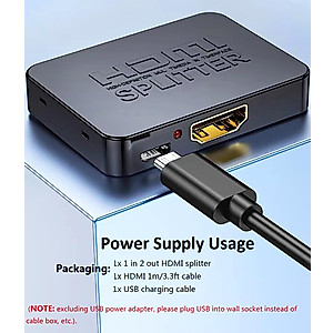 HDMI Splitter 1 in 2 Out, 4K HD Hdmi Screen Splitter Switcher 1 Female to 2 Female 1080P Audio Video Output, for TV, Monitors, Projector, Laptop, Computer, with HDMI/USB Cable [ Not Extend]