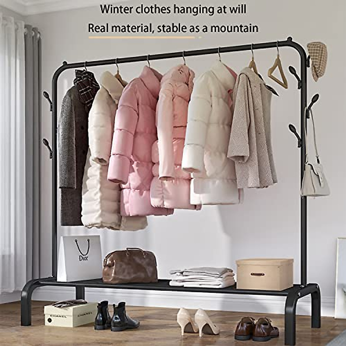 YCWO Flooring Clothes Rack Black Modern Simple Heavy Metal Rack Retail Display Rack with Storage Rack Retro Iron Tube Flooring Display Rack Clothes Shoes Package Storage,150x43x161cm