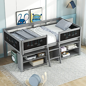 CITYLIGHT Low Loft Bed Twin with Two Movable Shelves and Ladder, Junior Loft Bed with Decorative Guardrail Chalkboard, Wood Kids Loft Bed for Girls Boys,Grey