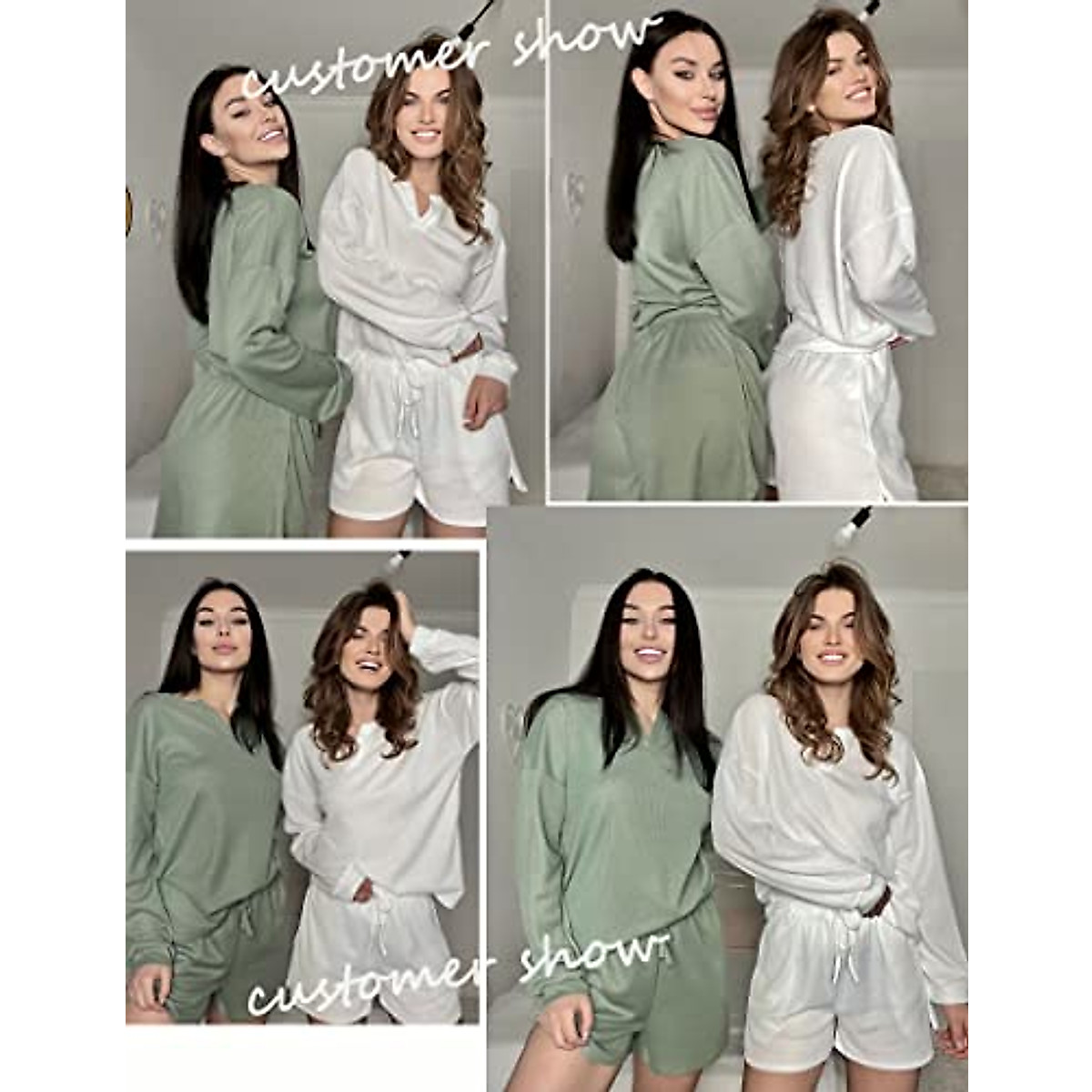 Ekouaer Womens Waffle Knit Long Sleeve Top and Shorts Loungewear Thick Pajama Set, White, Small