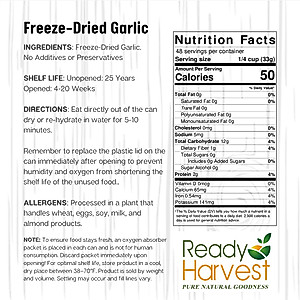 Ready Harvest Freeze-Dried Garlic for Camping Food | Camper Must-Haves Camping Essentials | Hurricane Preparedness Items as Survival Food | Pantry Staples | #10 Can | 25-Year Shelf Life | 6 cans