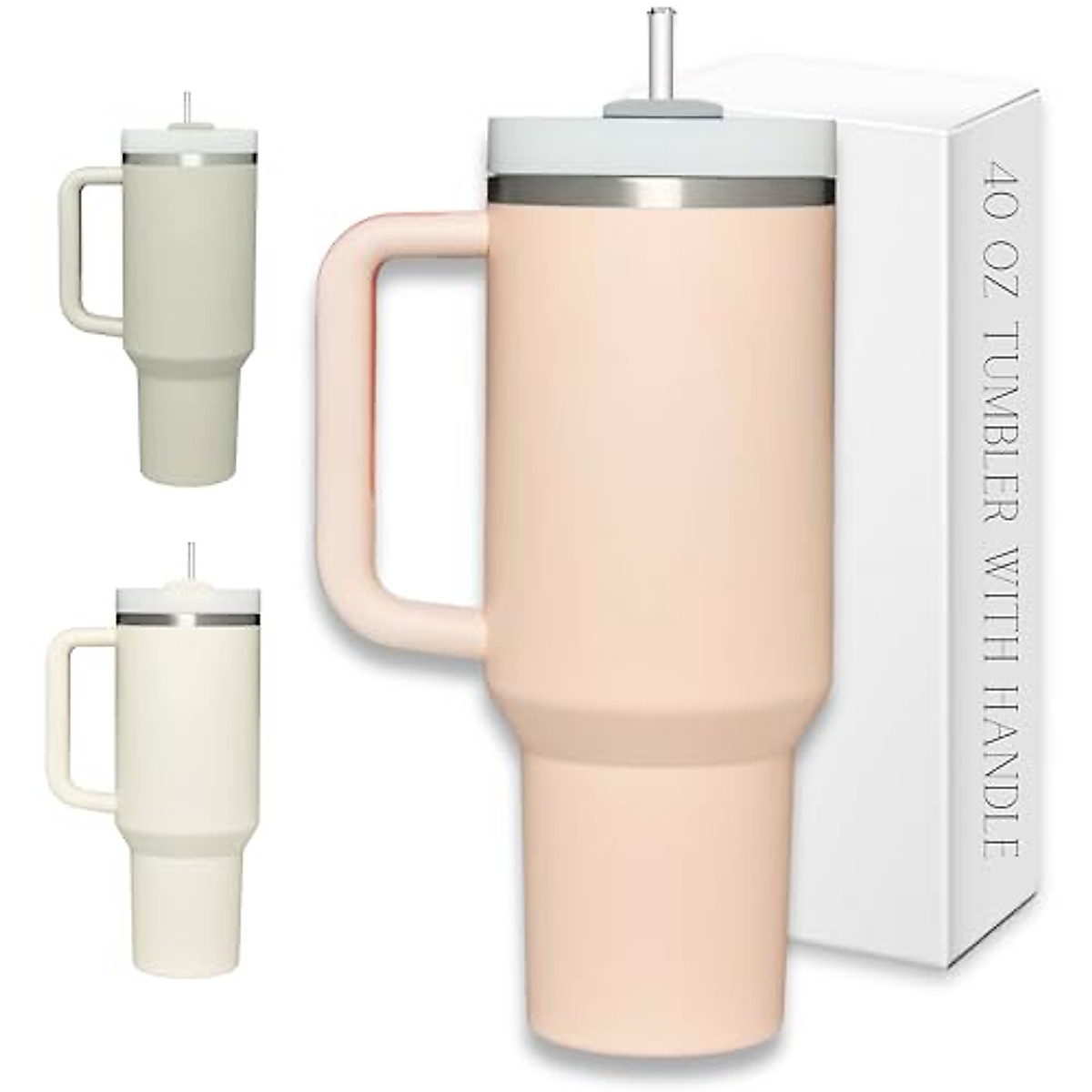 DUPE 40 oz Insulated Tumbler with Handle & Straw Lid – Stainless Steel Vacuum Insulated Water Bottle, BPA-Free, Travel Mug, Cupholder Friendly, Modern Gift for Women & Men (Rose Quartz)