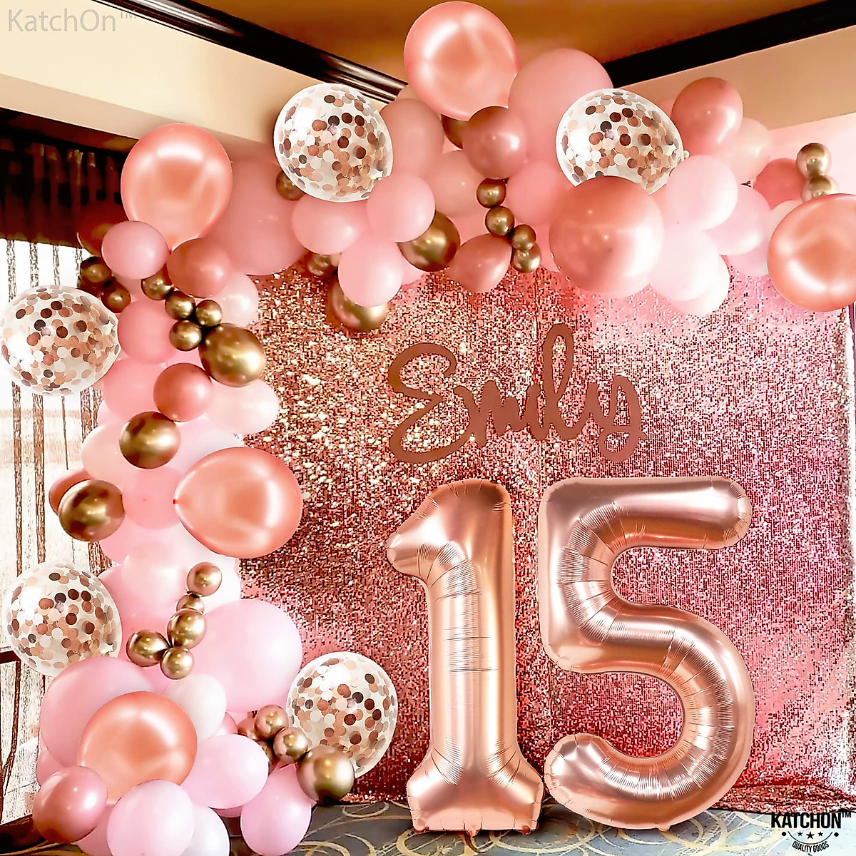 KatchOn, Rose Gold 15 Balloons Number - Giant, 40 Inch | 15 Birthday Balloons with Confetti for Happy 15th Birthday Decorations for Girls | Quinceanera Decorations | 15 Birthday Decorations for Girls