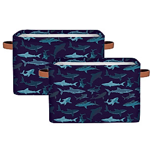 YoCosy Large Storage Baskets for Organizing Shelves Navy Ocean Shark Print Foldable Cube Storage Bins with Handles Rectangle Fabric Closet Organizers for Home Toys Clothes, 2 Pack