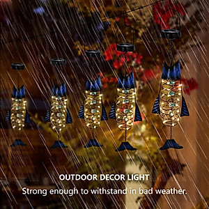 Outdoor Lights for Patio Garden Decor - Metal Solar Fish Hanging Decoration - Solar Lamp Decorative Yard Art - Pretty Nice Lantern for Man Woman Holiday Gift Ideas | Waterproof Warm LED Lighting