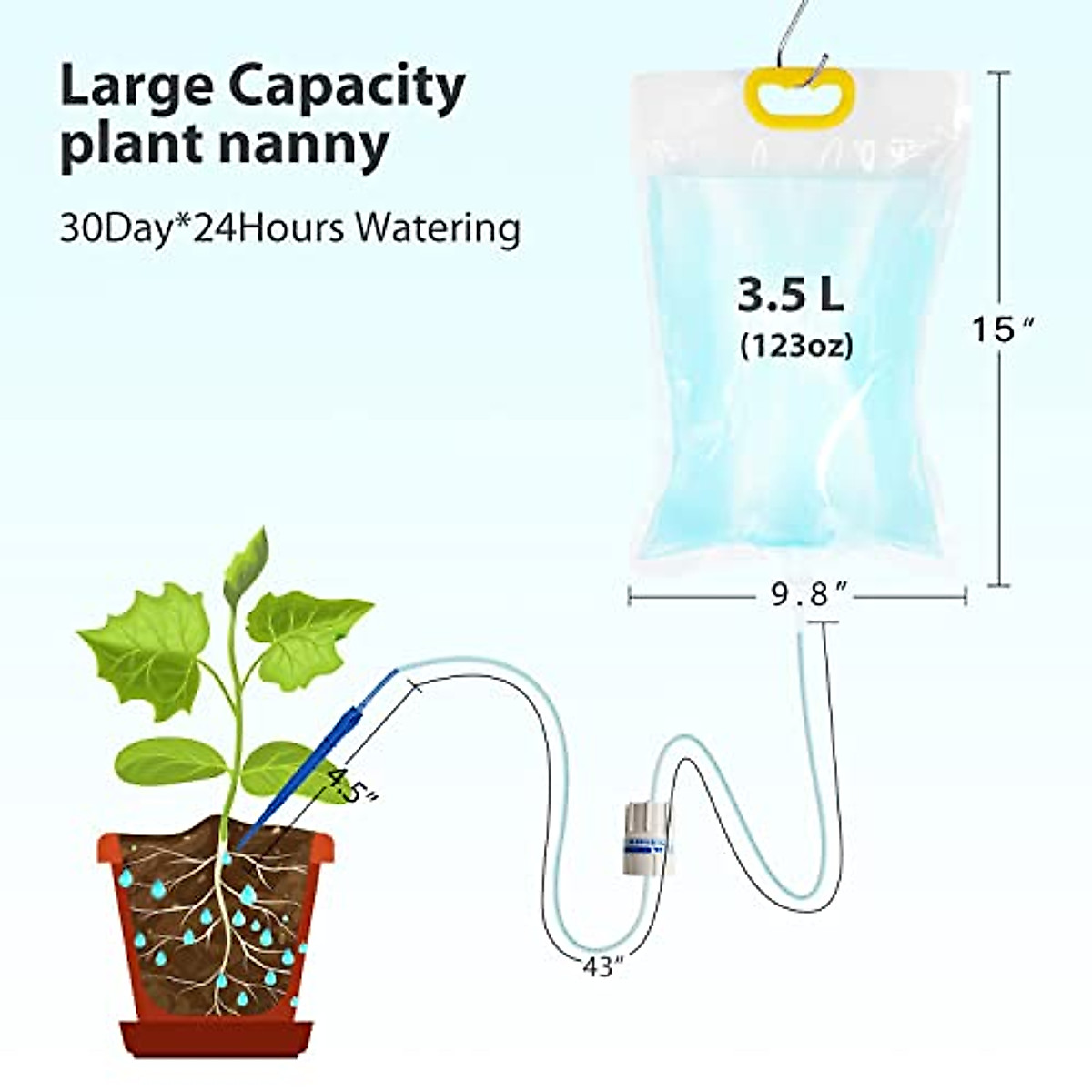 AHOUGER 4Pcs 3500ml Plant Life Drip Watering Bag with Adjustable Flow Automatic Plant Watering System Devices Waterer Spikes for Indoor Outdoor Potted Plant with 4Pcs Hooks