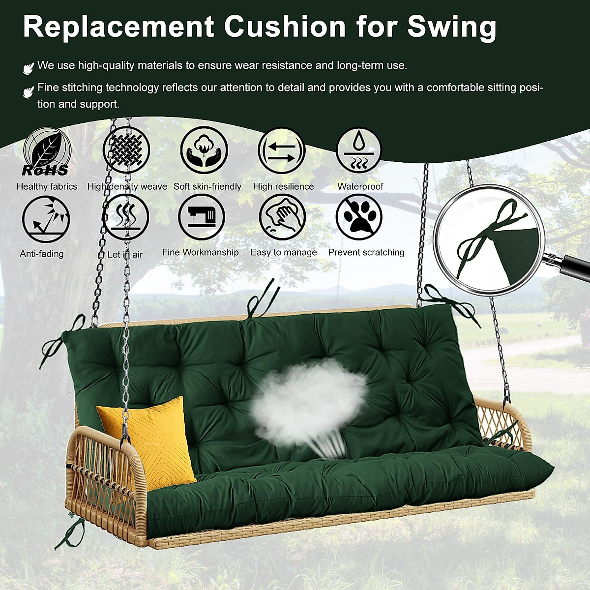 Zacammy Porch Swing Replacement Cushion for 3 Seat - Outdoor Waterproof Patio Furniture loveseat Cushions with Backrest - Thicken 4''Garden Bench Furniture (Dark Green, Outdoor Cushions 40x71in)