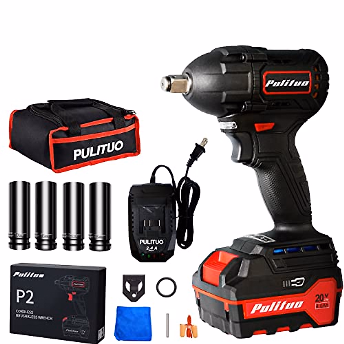 PULITUO Cordless Impact Wrench 1/2 Inch, 20V Electric Brushless Impact Driver Kit w/ 4.0A Li-ion Battery, 4 Pcs Drive Impact Sockets and 1 Hour Fast Charger, High Torque Impact Gun 300ft-lb(400N.m)