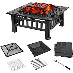 LEAYAN Garden Fire Pit Grill Bowl Grill Barbecue Rack Outdoor Fire Pit Table,3 in 1 Fire Pit Metal Fire Pit Square Stove e Garden Patio Heater with BBQ Frames Waterproof Cover for Party Picnic