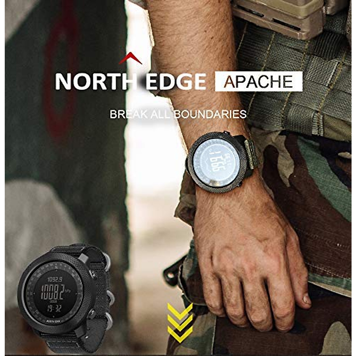 North Edge Apache Tactical Sports Watches for Men Outdoor Survival Military Compass Rock Solid Digital Watches with Durable Band, Steps Tracker Pedometer Calories (Black)