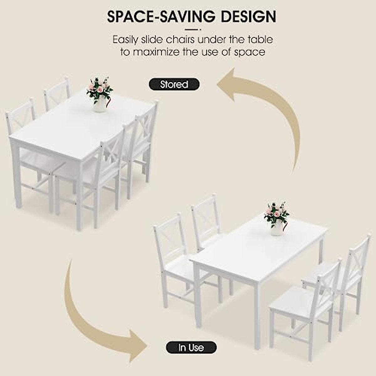 Alohappy Dining Table Set for 4, 5 Piece Kitchen Table Set with 4 Chairs Pine Wood Dining Table Rectangle Breakfast Table and Chairs for Small Space, Space-Saving & Easy Assembly (White)