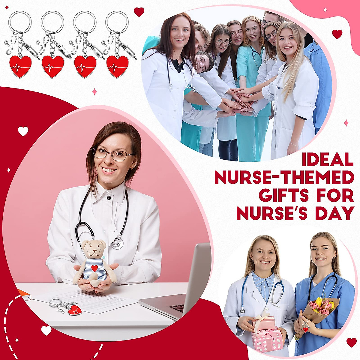 Yinkin 24 Pcs Nurse Keychain Nurse Party Favors Nurse Week Gifts Nurses Appreciation Gifts for Women(Red Heart)
