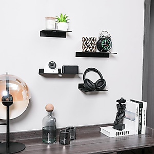 Z metnal Small Floating Shelves, Mini Speaker Shelf, Self Adhesive Small Wall Mount Metal Shelves with Cable Clip, Display Shelf for Cameras Monitor Routers, Matt Black, 6 inch