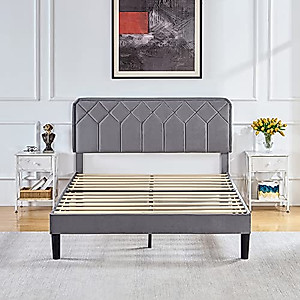 VECELO Queen Size Bed Frame Premium Upholstered Platform with Height Adjustable Headboard/Mattress Foundation Solid Wooden Slat Support, No Box Spring Needed/Easy Assembly, Dark Grey