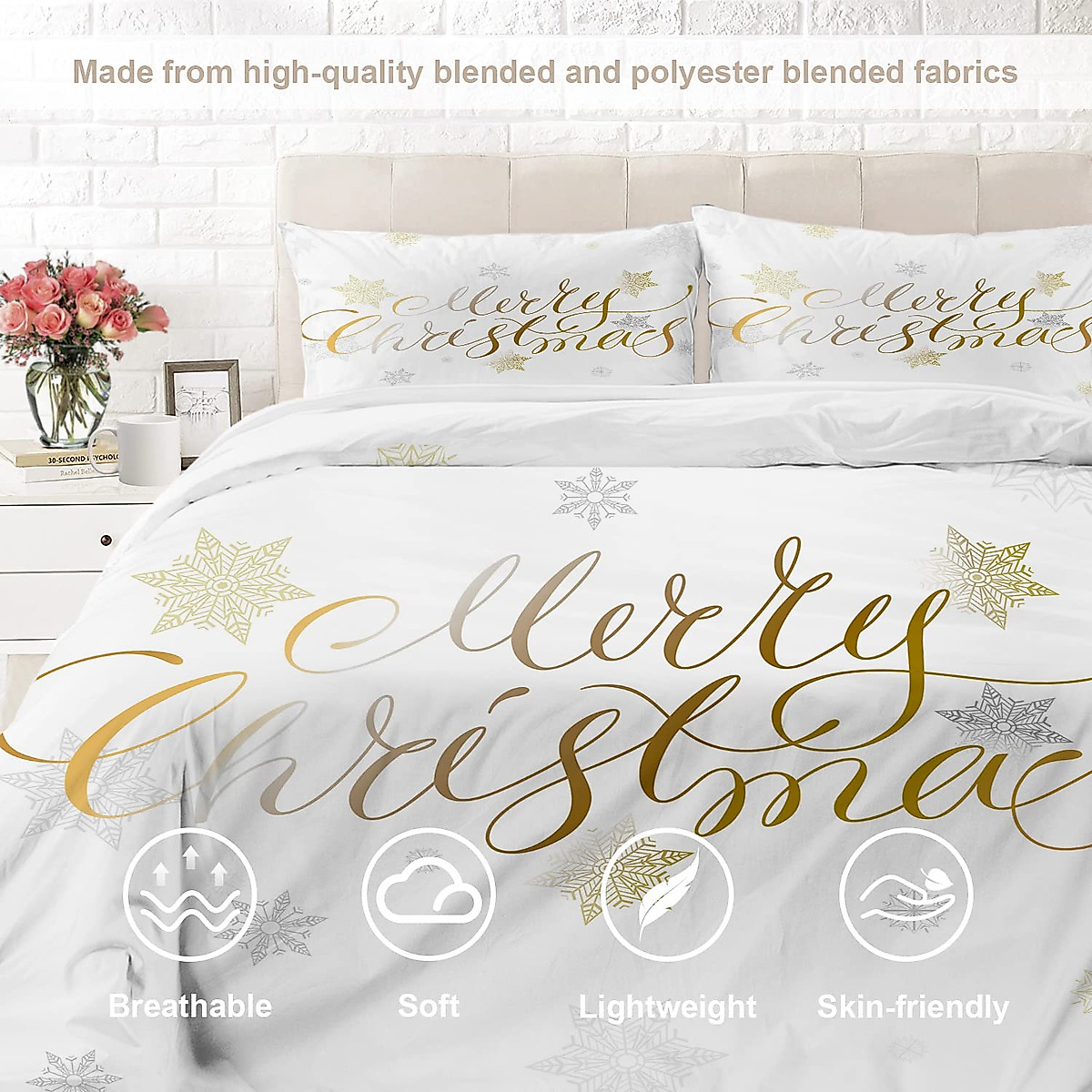 BaoNews Golden Christmas Merry Christmas Duvet Cover Set King Size,3 Pieces Silver Gray Snowflake Bedding Set Hotel Quality 100% Cotton Comforter Cover Set with 2 Pillowcases(No Filler)