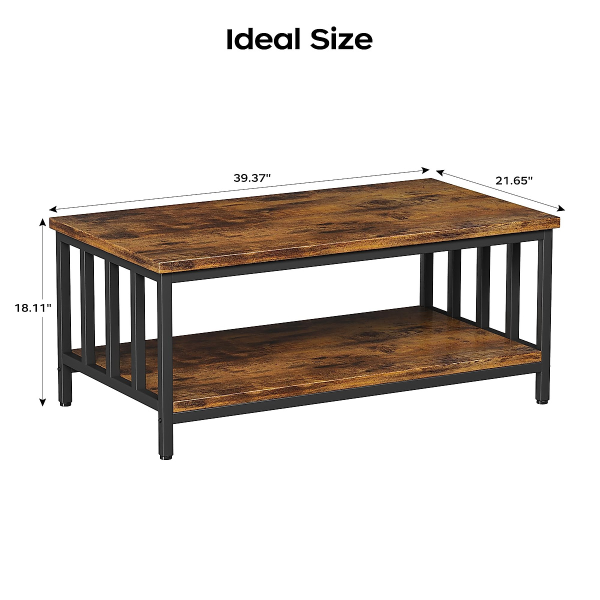 Homeiju Coffee Table for Living Room, Farmhouse Living Room Table with Slatted Sides Frame for Home Office, Apartment, 39 inch Rustic Black and Brown